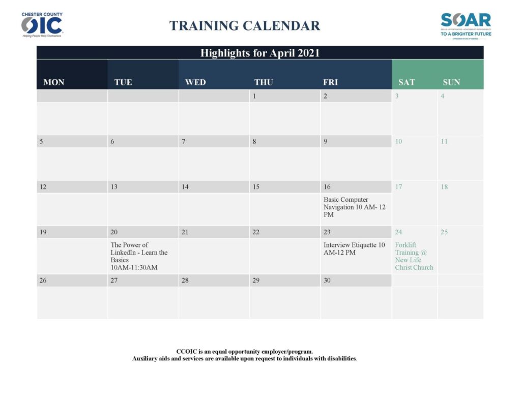 CCOIC Training Schedule – Chester County OIC